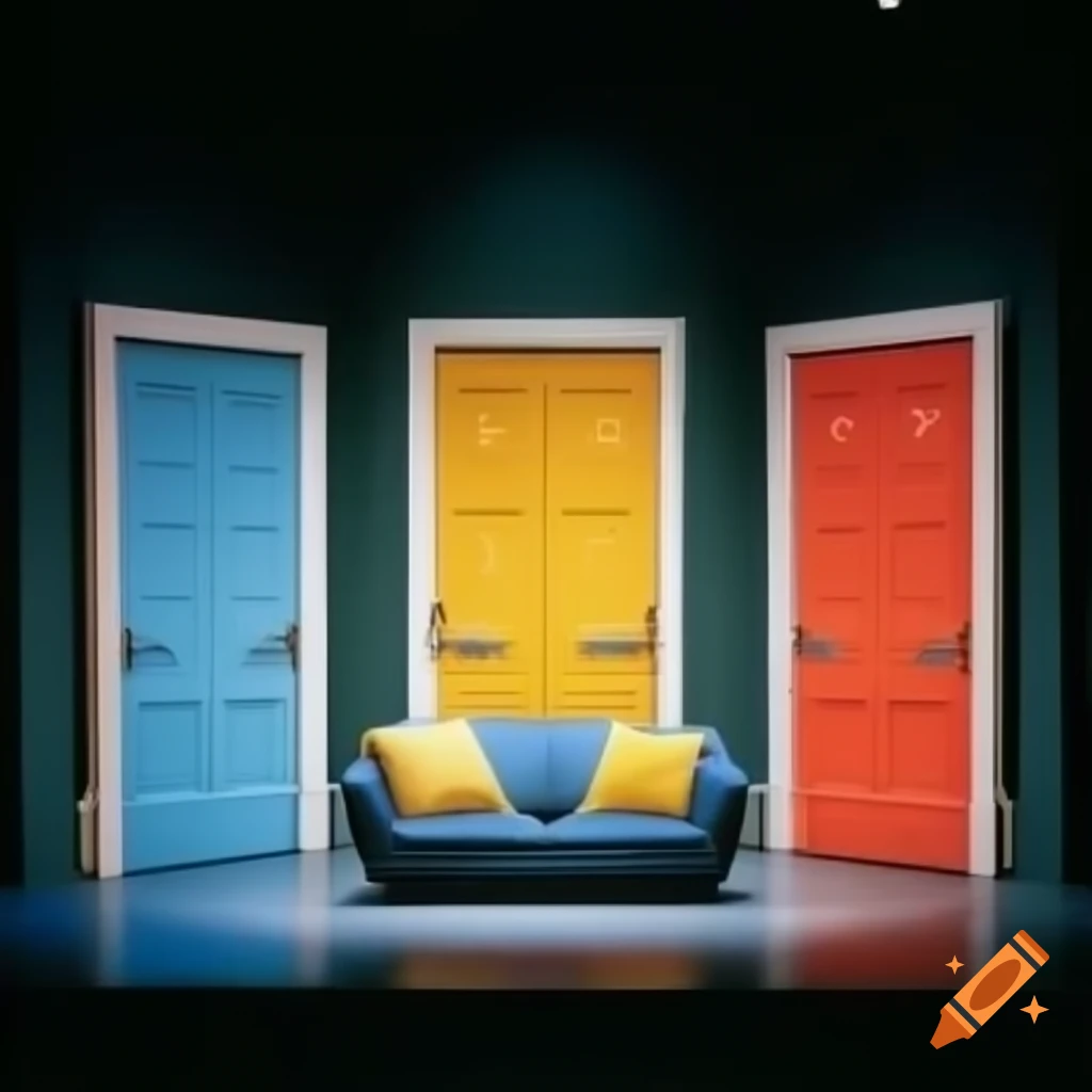 Living room setup featuring three doors and a couch on stage on Craiyon