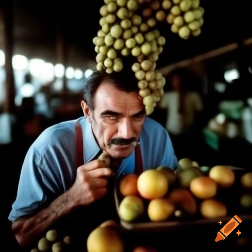 Close up of Sean Connery squeezing fruits in a market, colorful scene ...