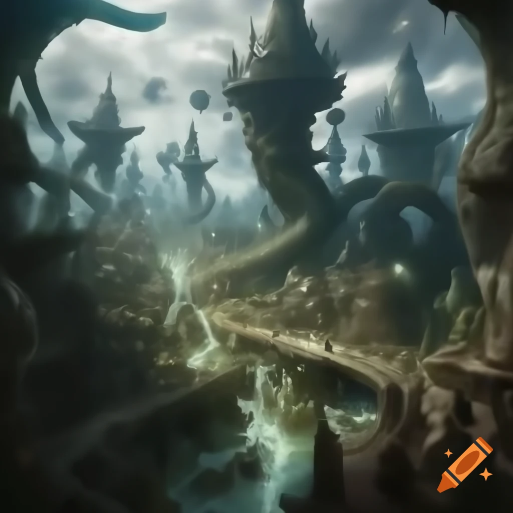 Breathtaking fantasy landscape with magical creatures and steampunk ...