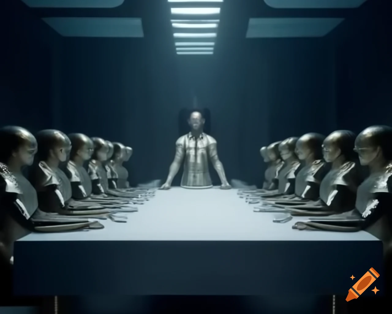 Futuristic reinterpretation of The Last Supper with metallic robots on ...