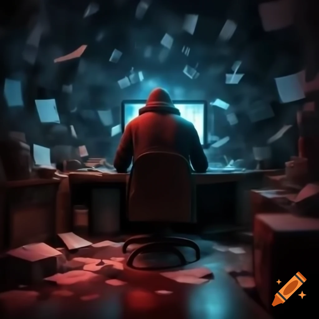 Shadowy figure at glowing computer surrounded by mysterious papers and ...