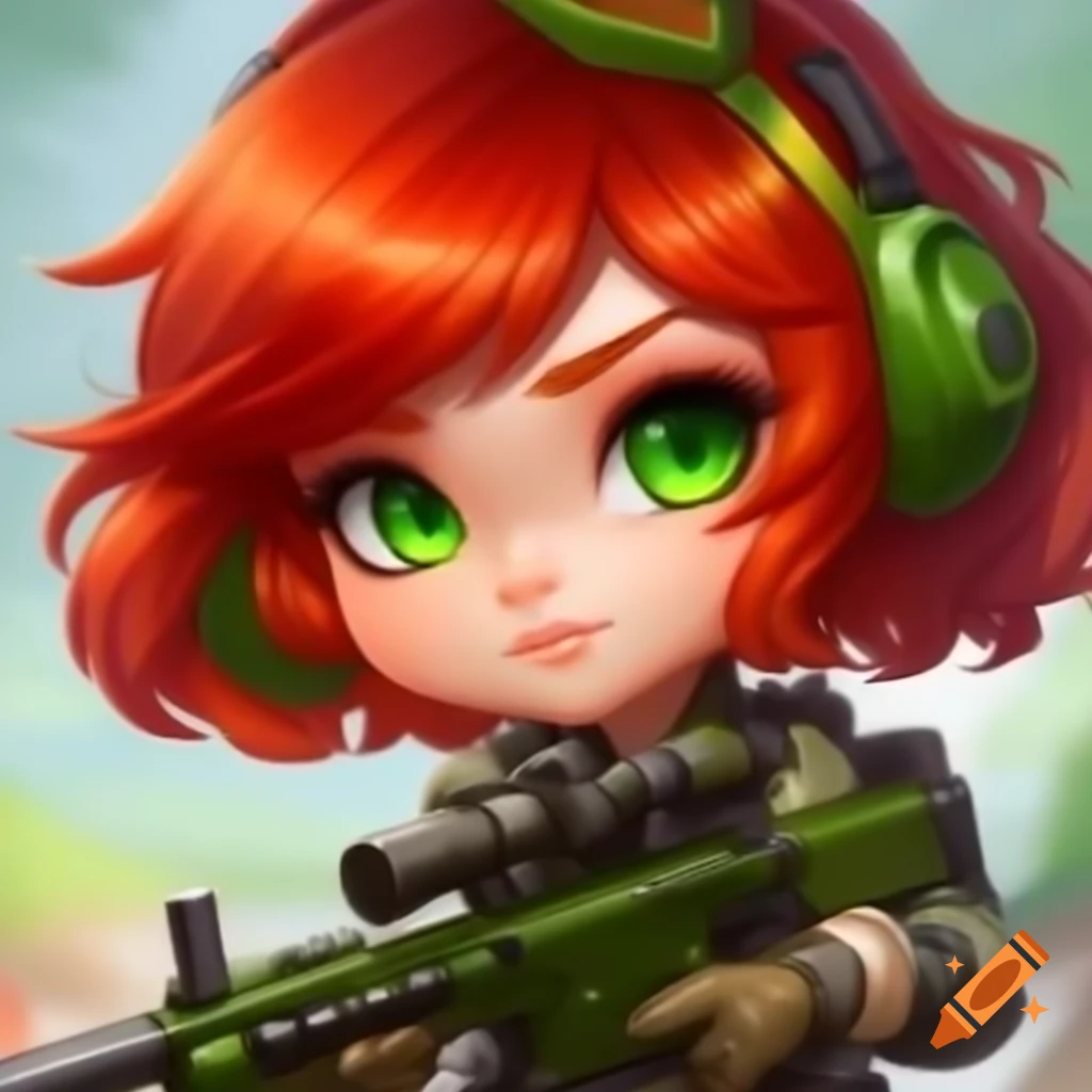 Chibi redheaded sniper woman with green eyes on Craiyon