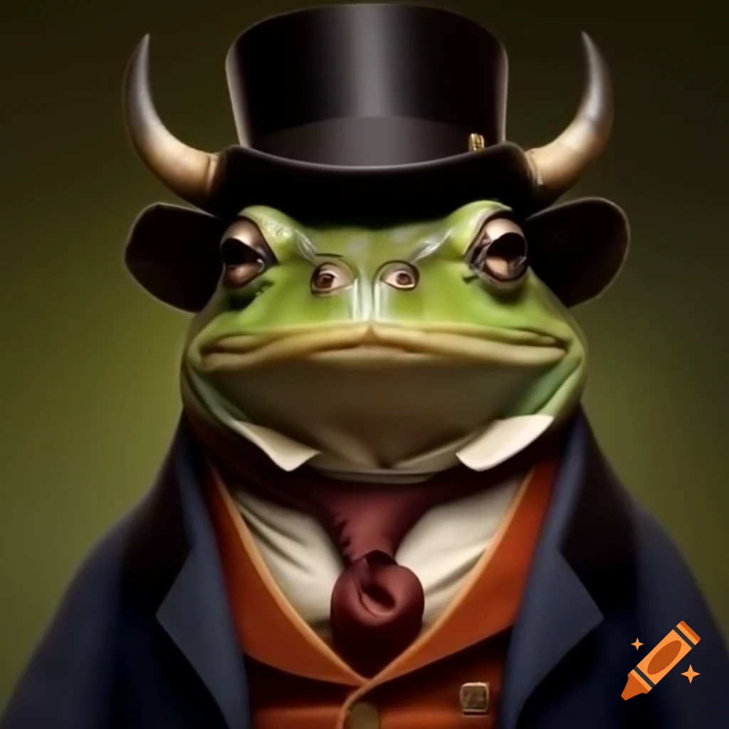 Dapper bullfrog in top hat and 1800s attire striking a pose on Craiyon