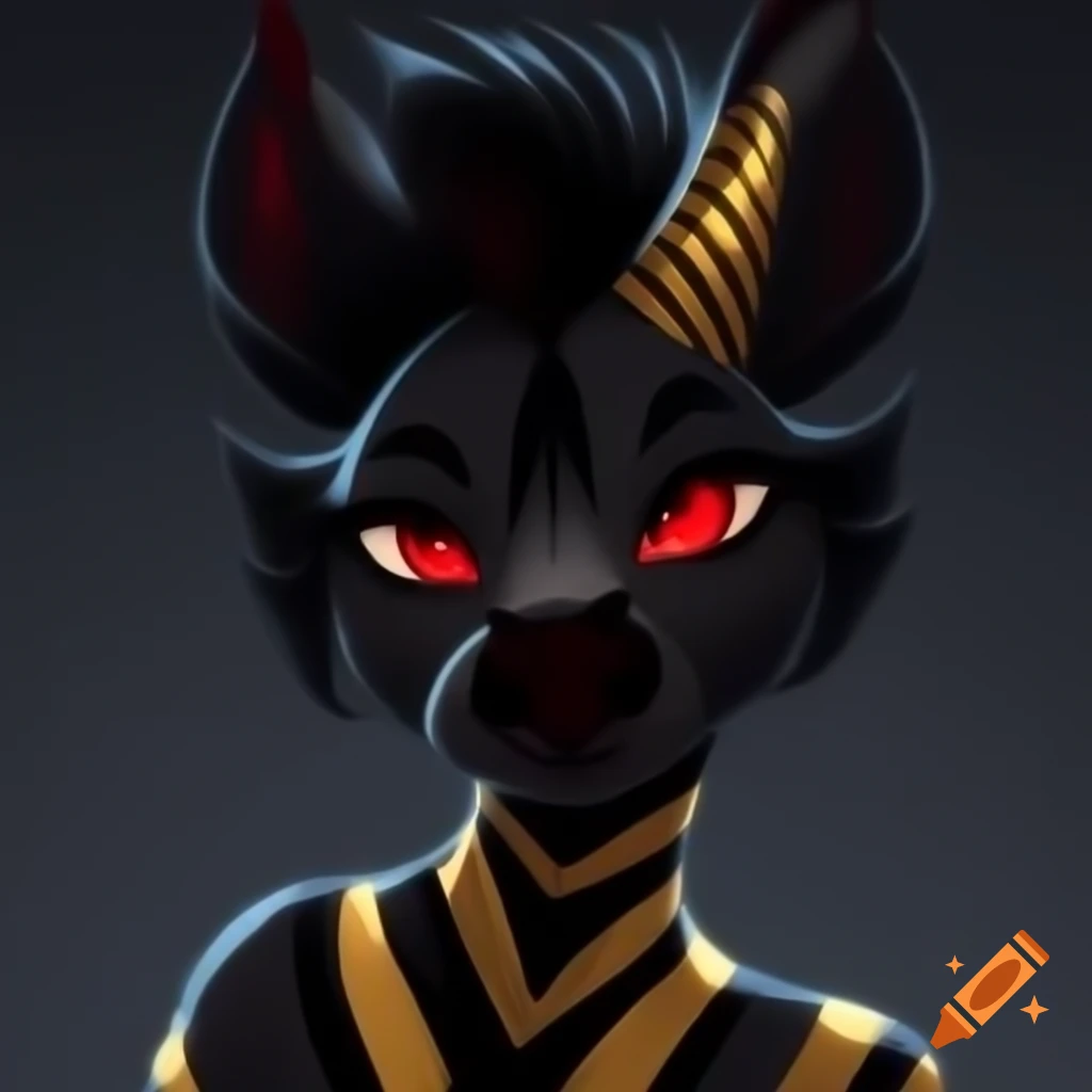 Black cartoon anthro zebra with gold stripes and red eyes on Craiyon