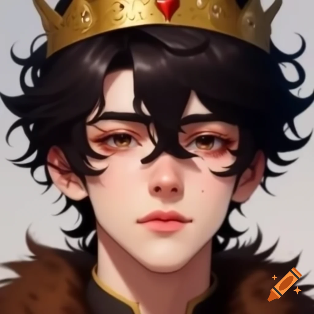Handsome young anime king with gold crown and curly brown hair on Craiyon