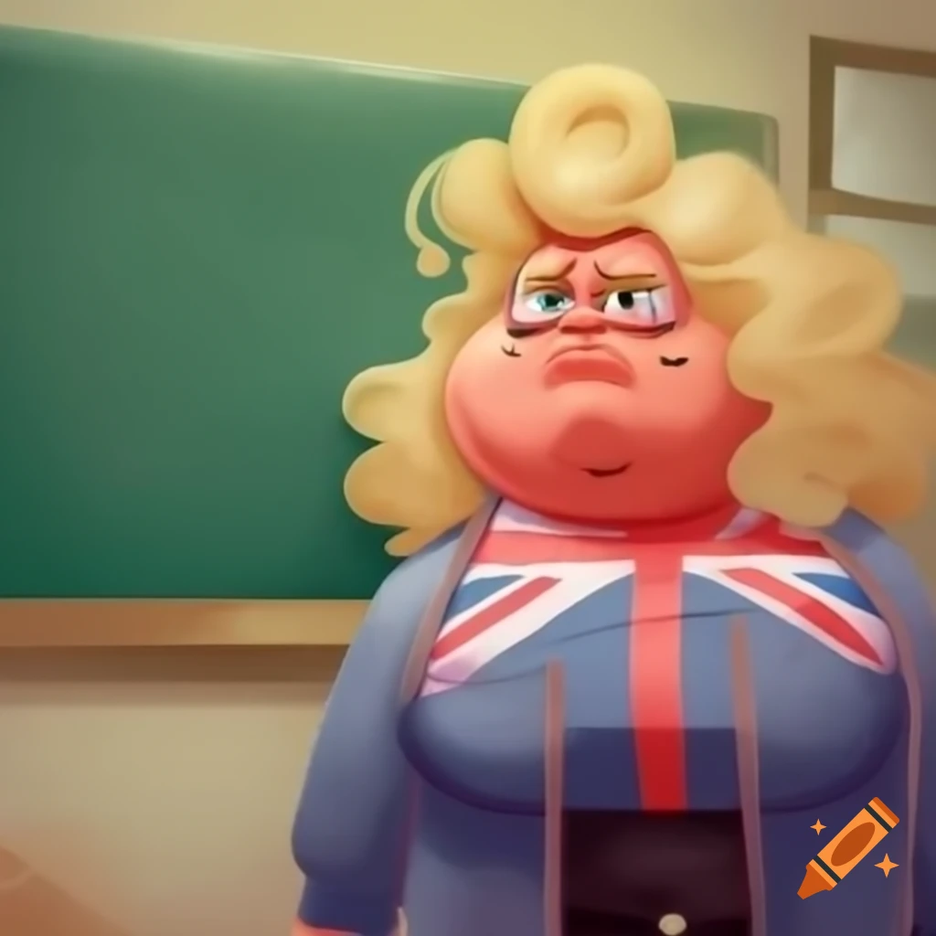 Angry female teacher with blonde wavy hair beside a whiteboard featuring british flag on Craiyon