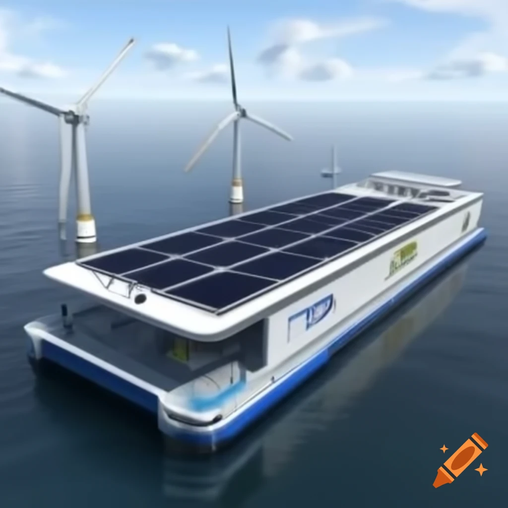 Self-floating barge with solar panels and wind energy collectors ...