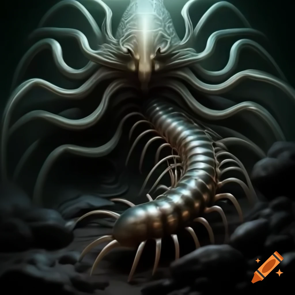 Colossal white centipede emerging from shadowy chasm on Craiyon