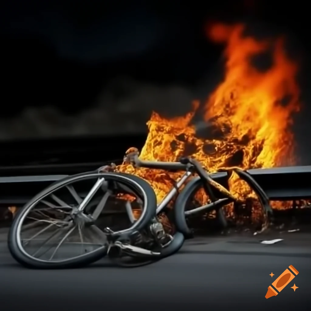 Burnt and deformed bicycle beside destroyed highway guardrail after ...