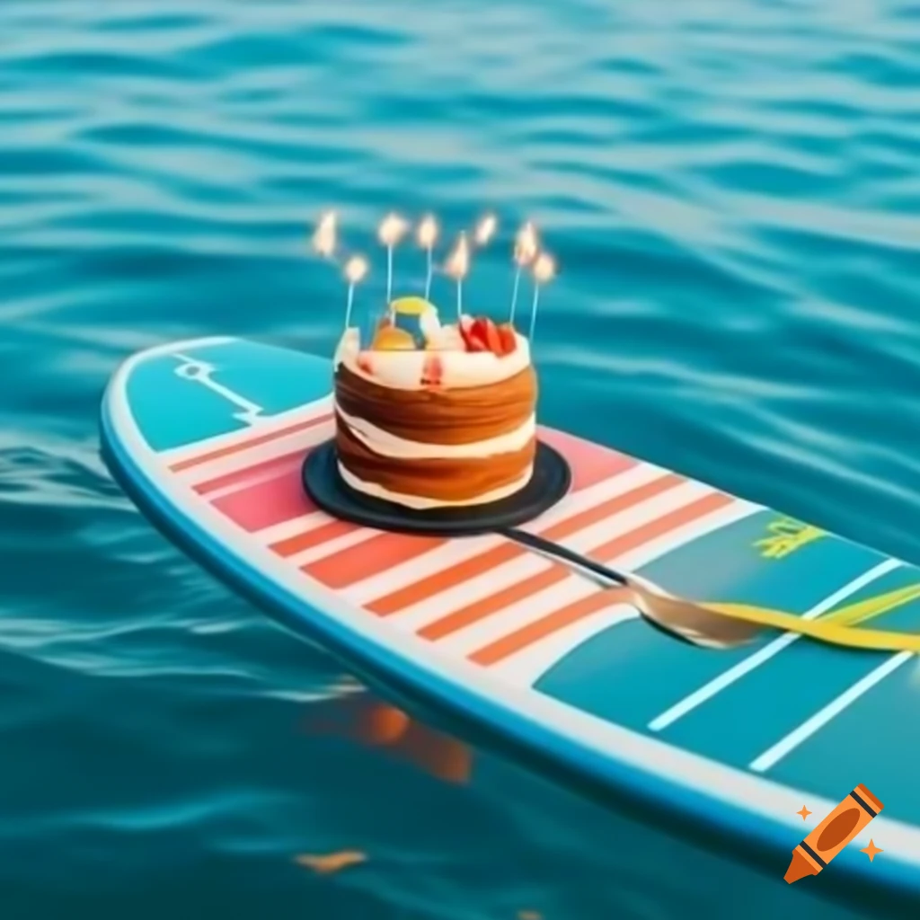 Birthday cake on a paddleboard, ready for celebration on Craiyon