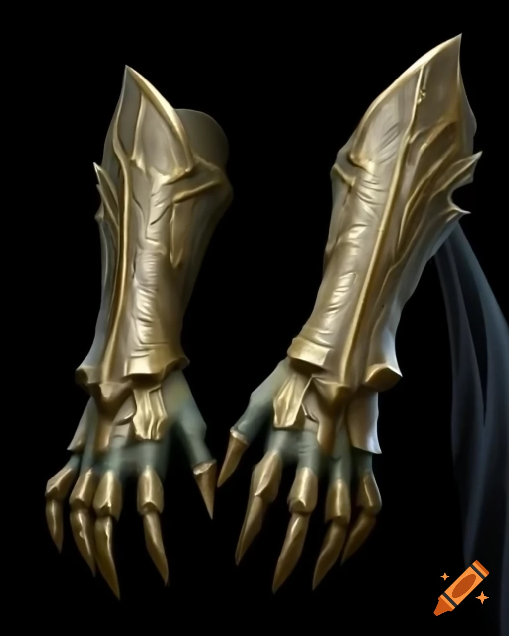 Ancient elven gauntlets forged in gold with curved talons on Craiyon