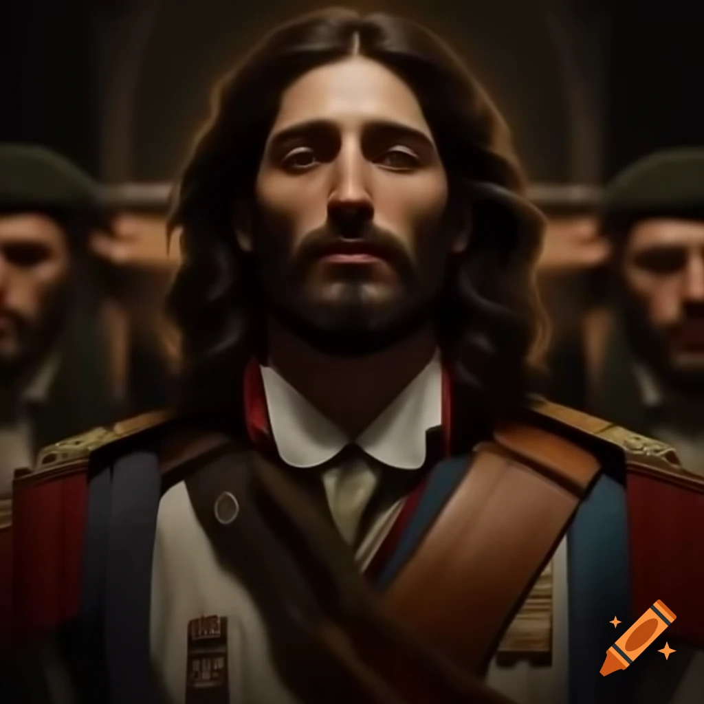 Contemporary figure resembling Jesus in military attire, symbolizing ...
