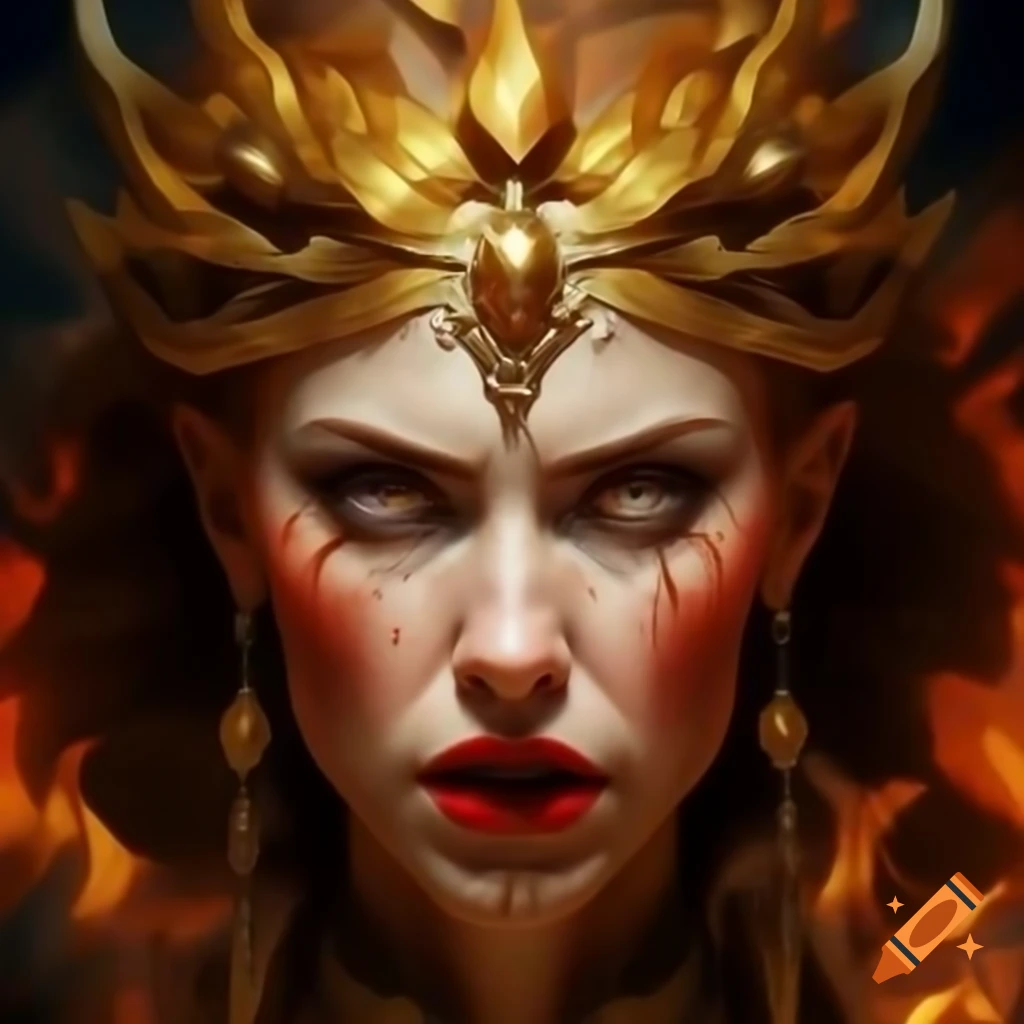 Realistic portrait of an angry queen with golden and brown hair, flames ...