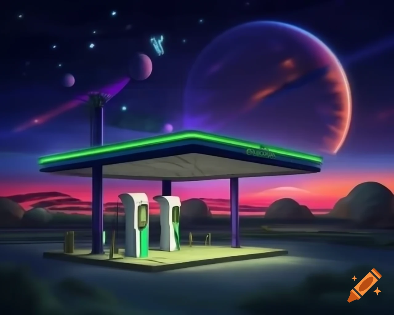Rick and Morty-inspired charging station on alien planet with neon ...