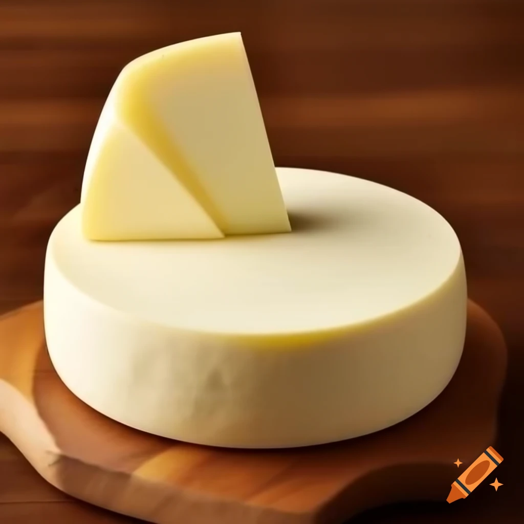 Creamy wheel of provolone cheese on wooden board with rich textures on ...