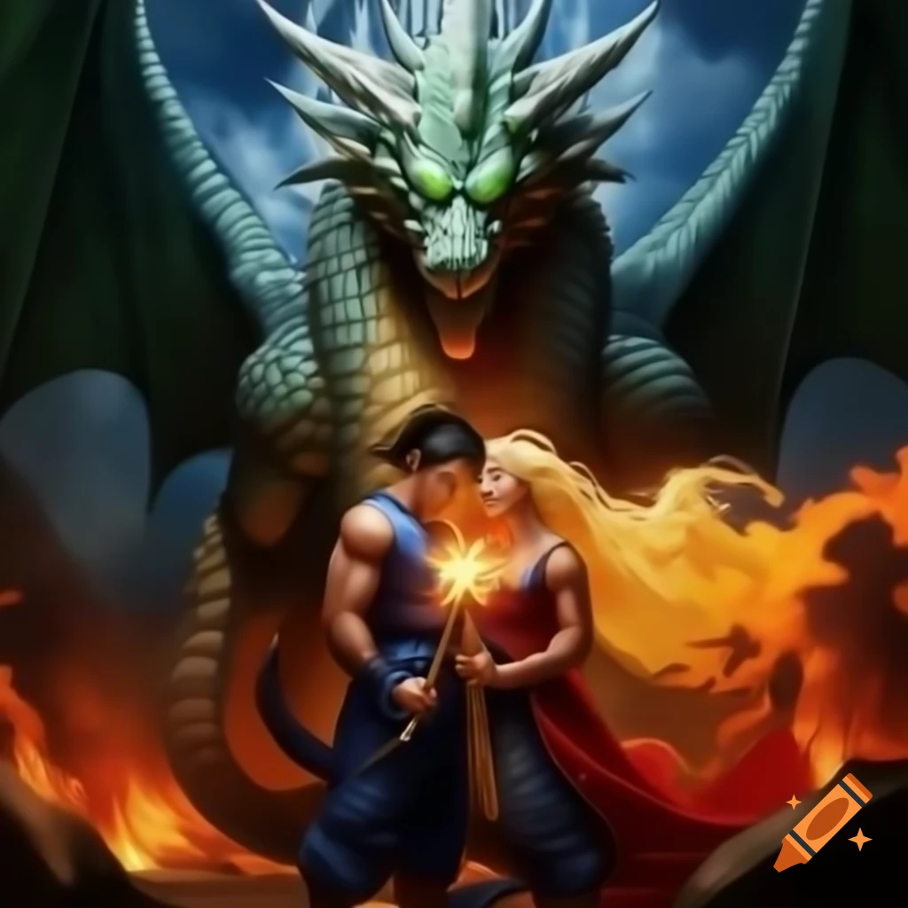 Brunette couple beneath a dragon holding a radiant gem, fantasy theme on Craiyon