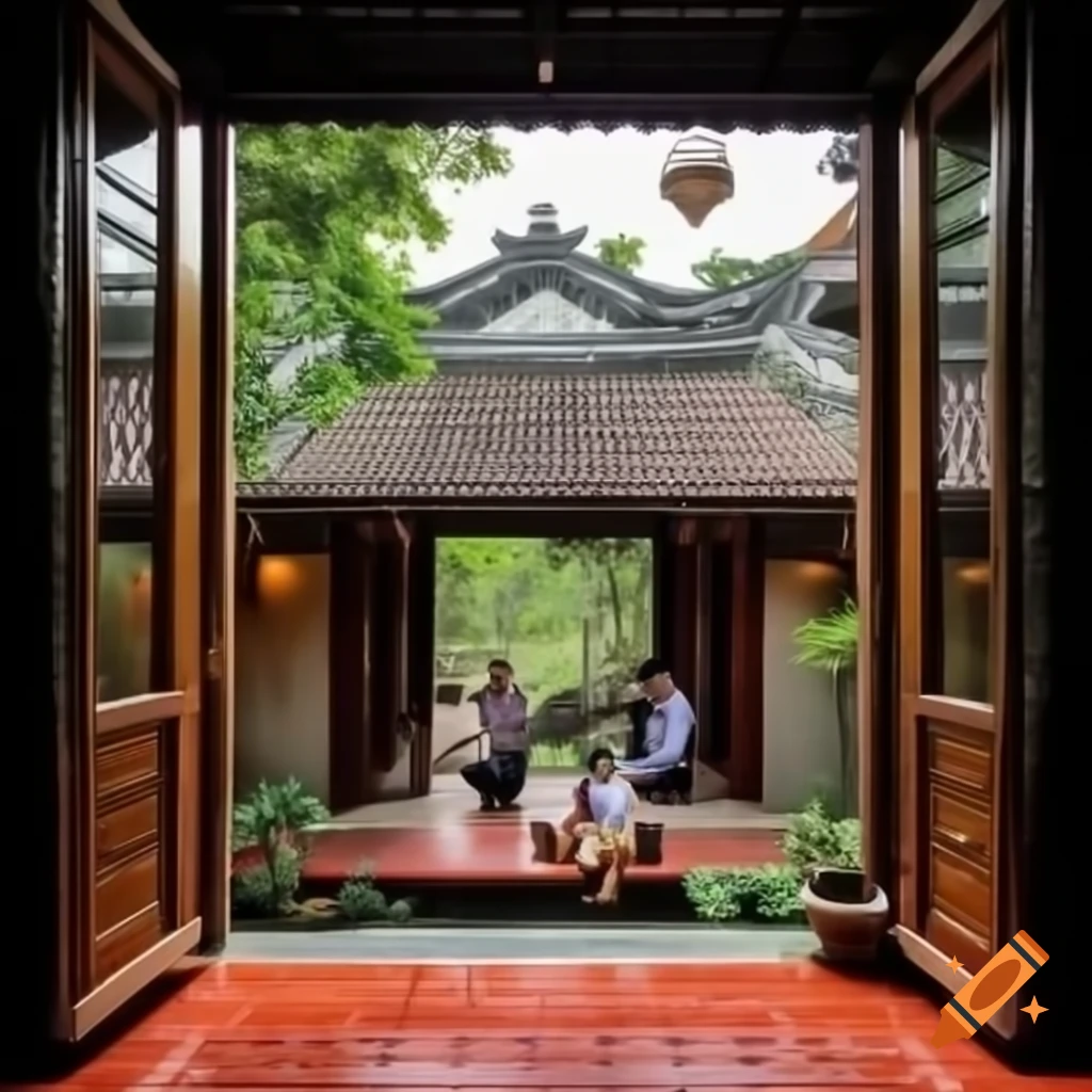 Traditional Vietnamese house with tiled roof and people picking ...