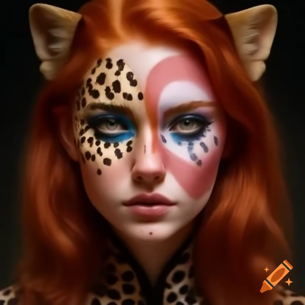 Redheaded woman with leopard print face patterns and ears, hyper ...