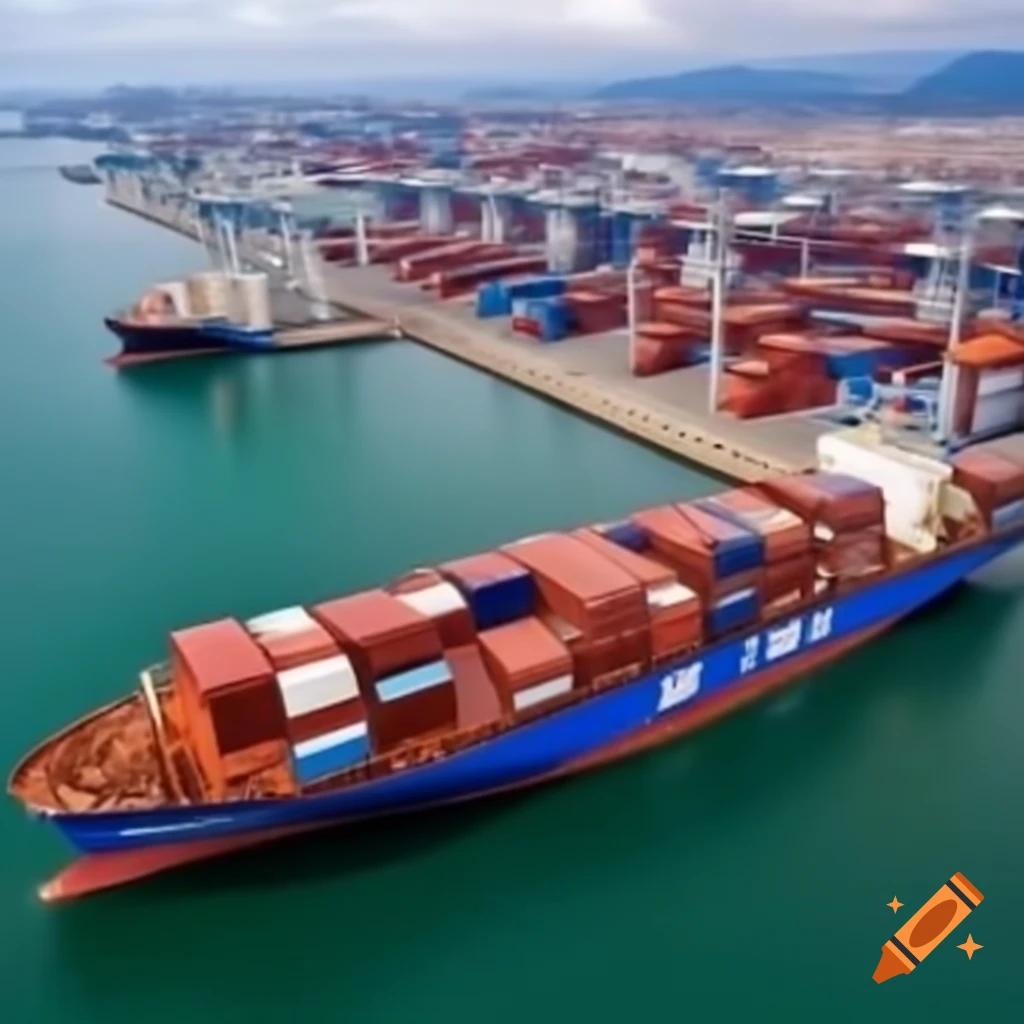 Commercial port with containers and cranes, cargo ships on Craiyon