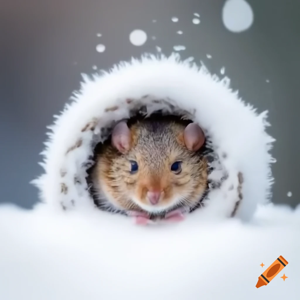 Tiny mouse sleeping in snowbank, cozy and warm on Craiyon