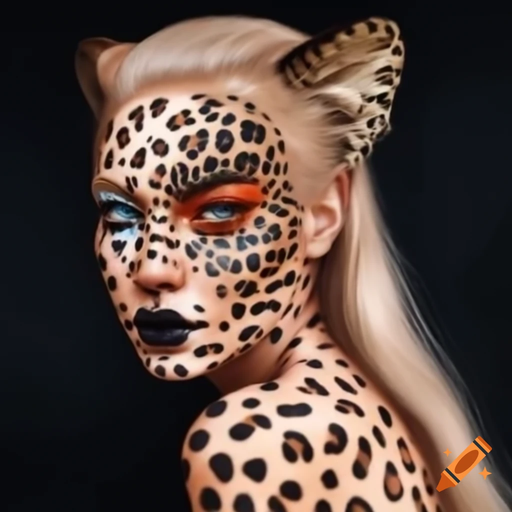 Blonde woman with leopard spot patterns on face and leopard ears in ...