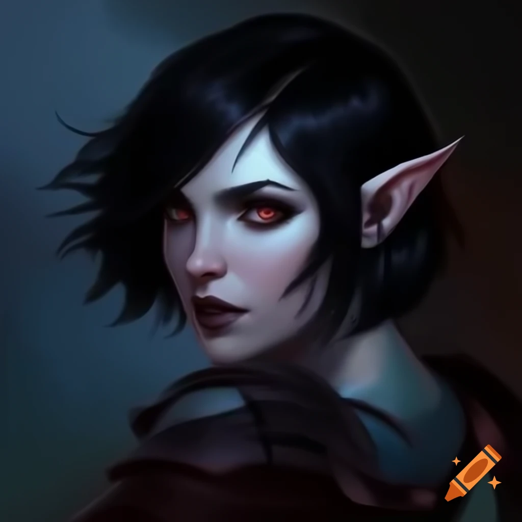 Gothic elf woman with dark hair in dynamic pose, ethereal intensity ...