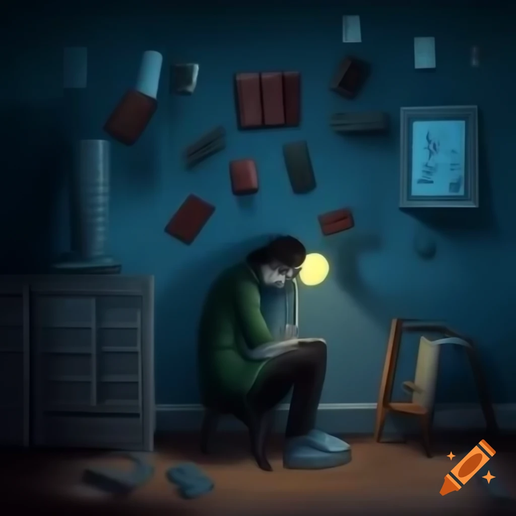 Anxious person in dimly lit room with floating glowing objects on Craiyon