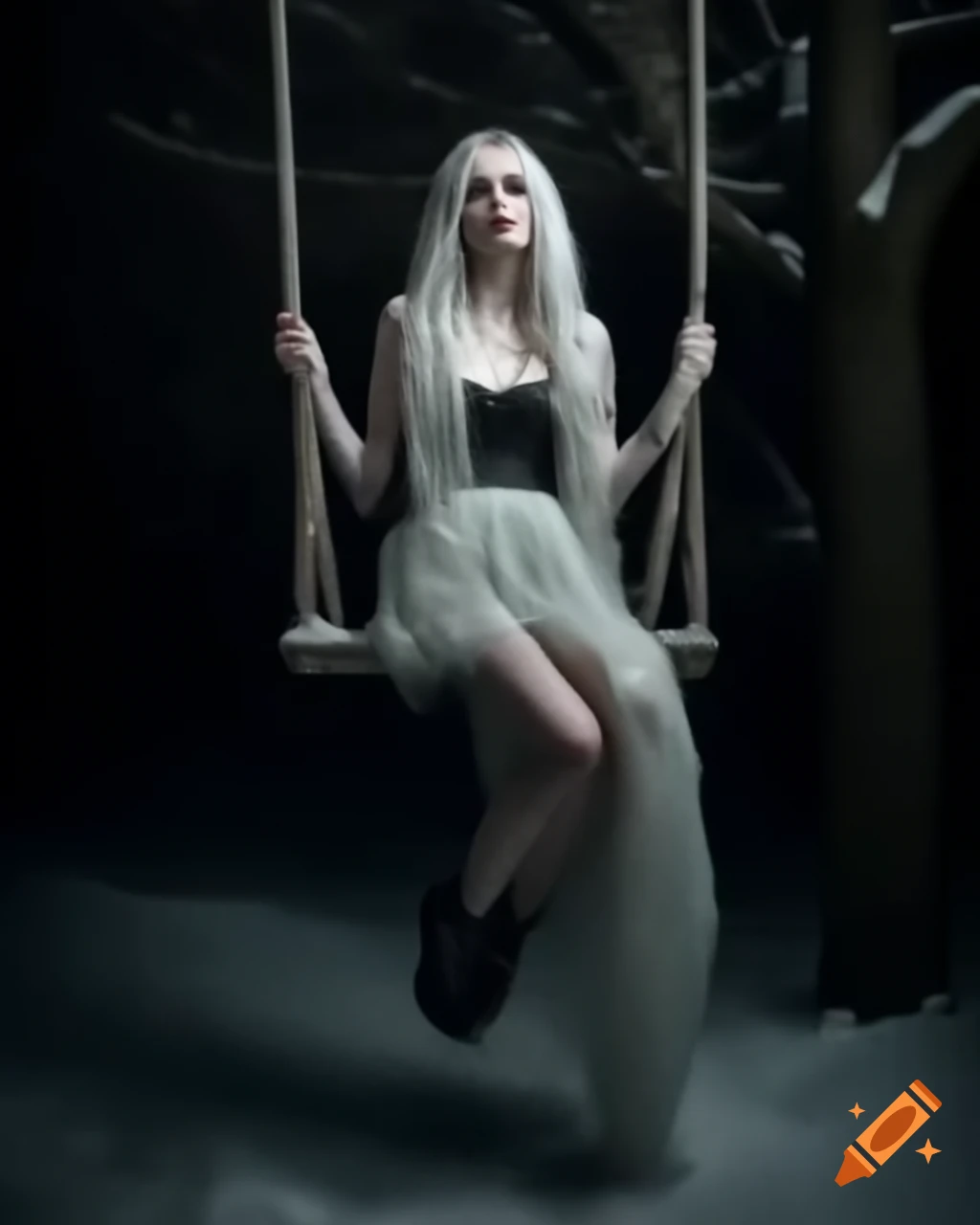 Goth woman with platinum blonde curls sitting on swing in winter night ...