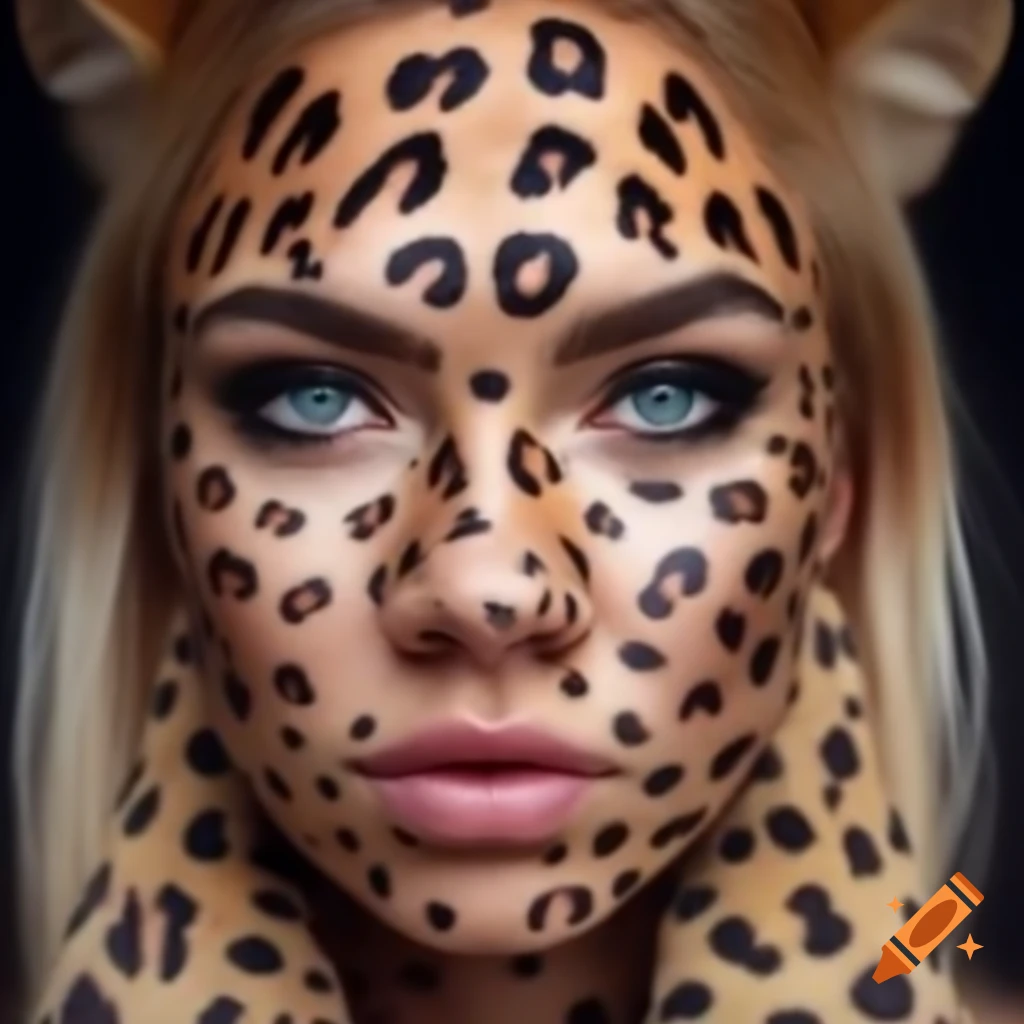 Blonde woman with leopard spots on face and leopard ears in hair on Craiyon