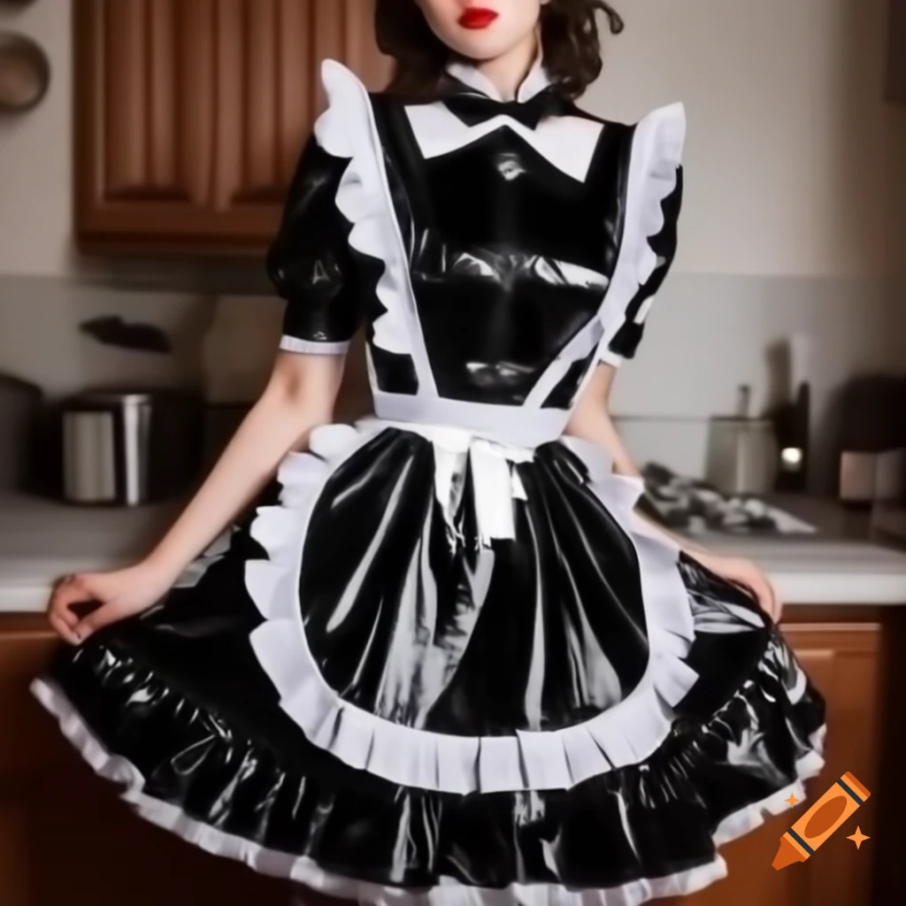 Woman in black and white maid dress with ruffles in kitchen on Craiyon