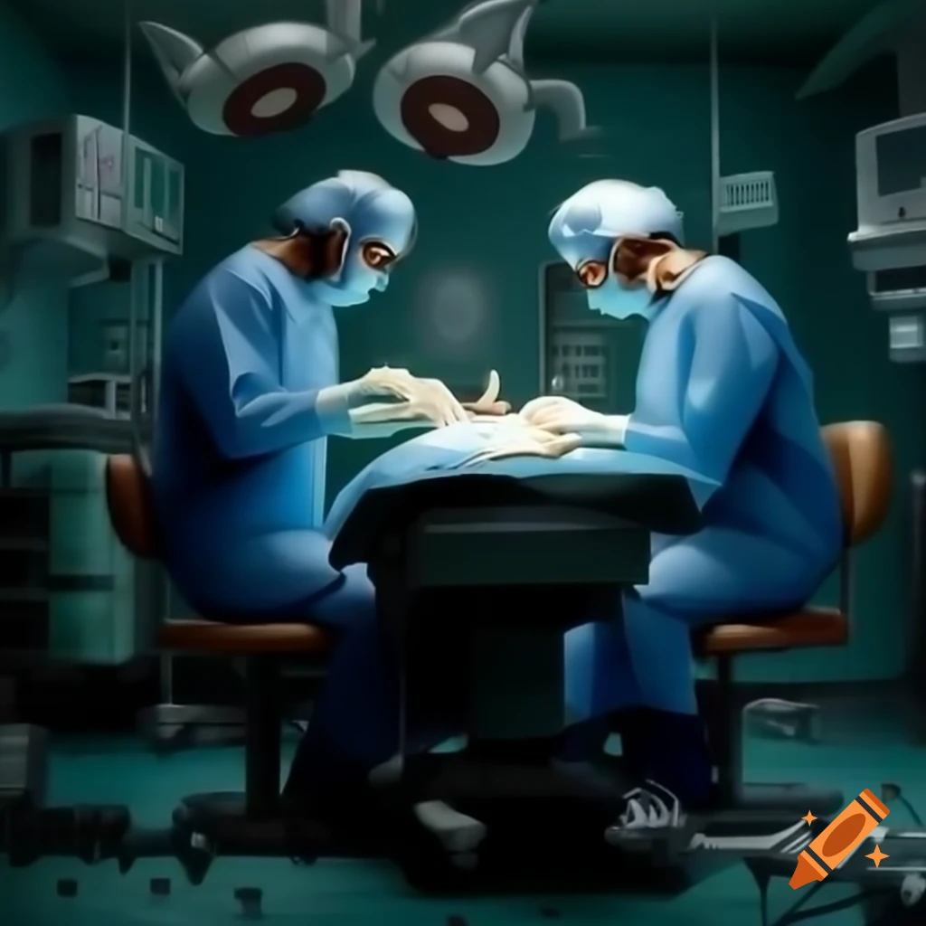 Surreal operating room with multi-limbed being transforming to human ...