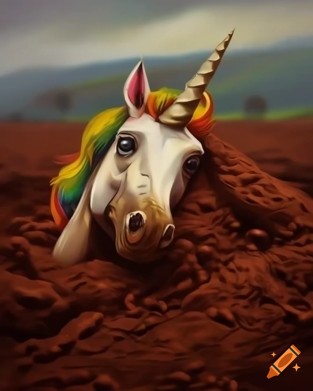 Closeup of sad unicorn head sinking into muddy manure in colorful 2D ...