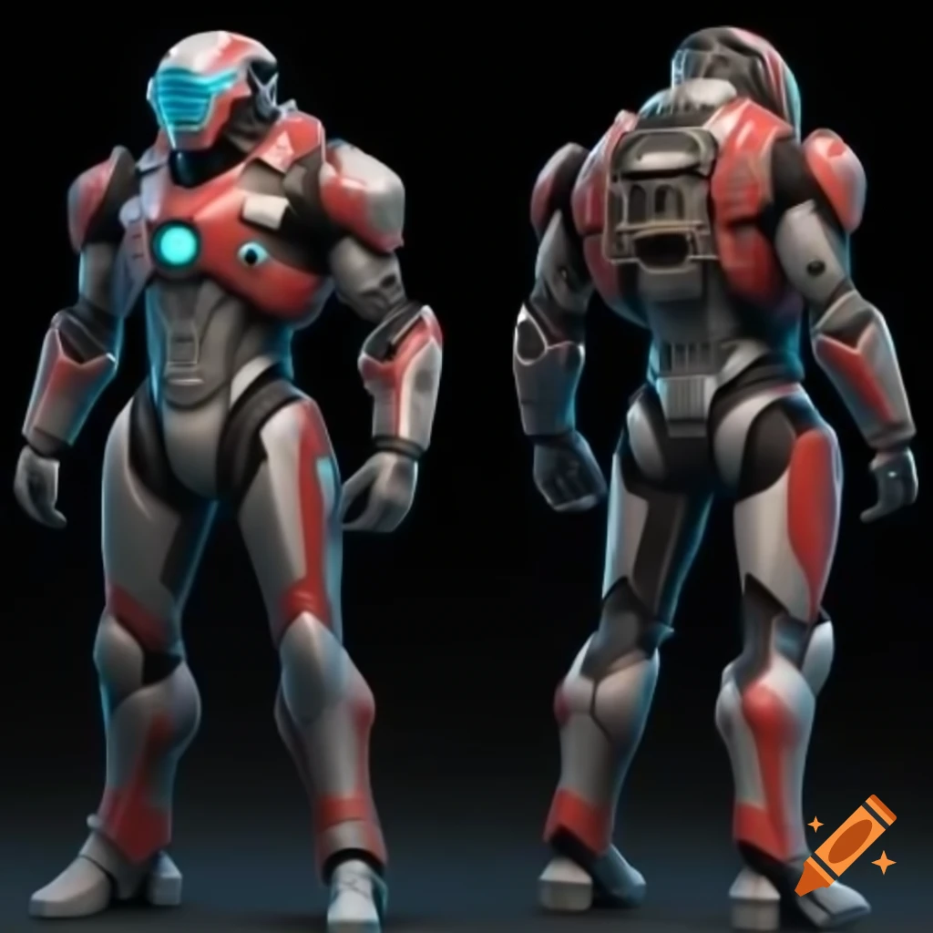 Highly detailed futuristic powered armor with industrial design in red ...