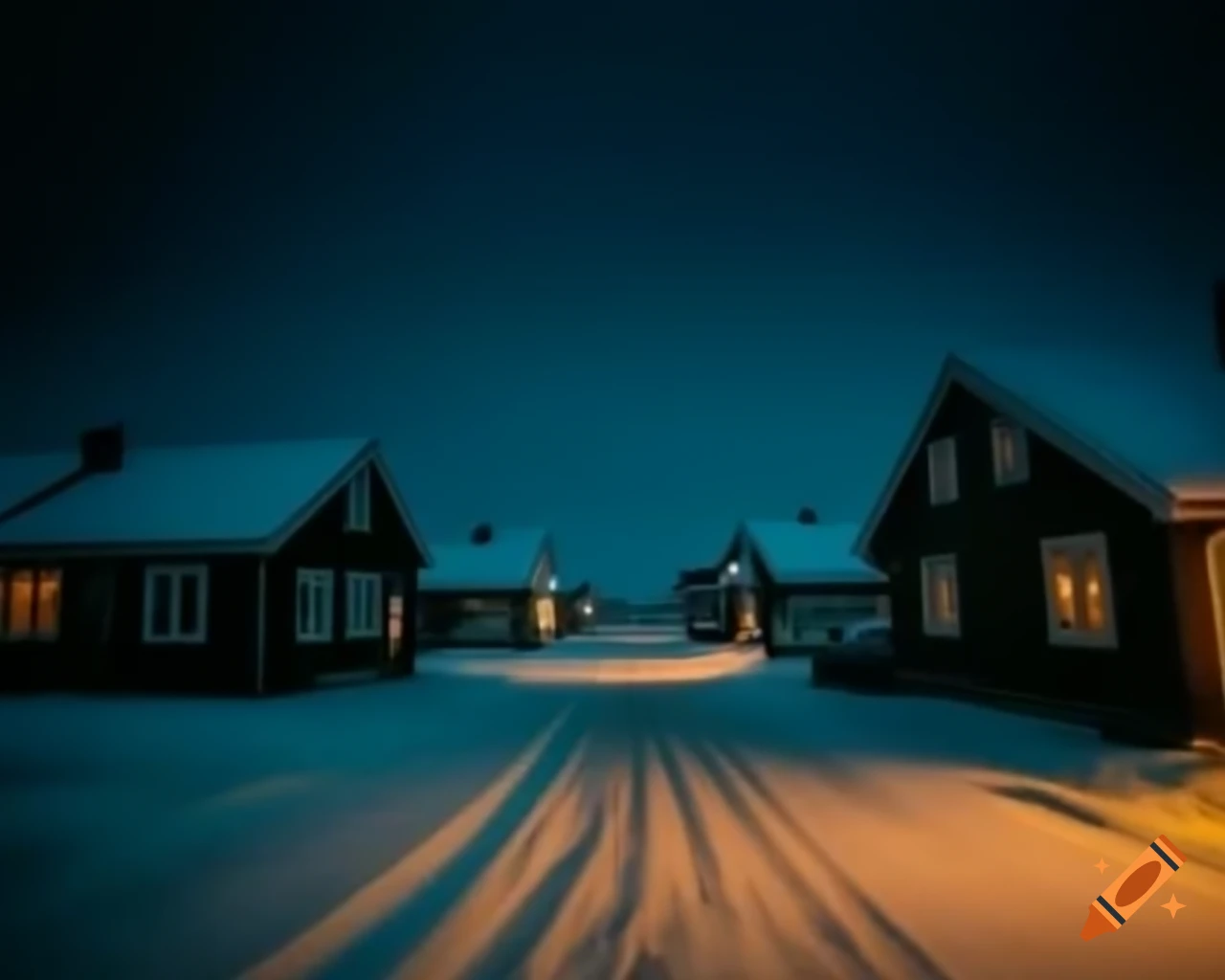 Cozy snow-covered scandinavian suburb under dark night sky with shadowy ...