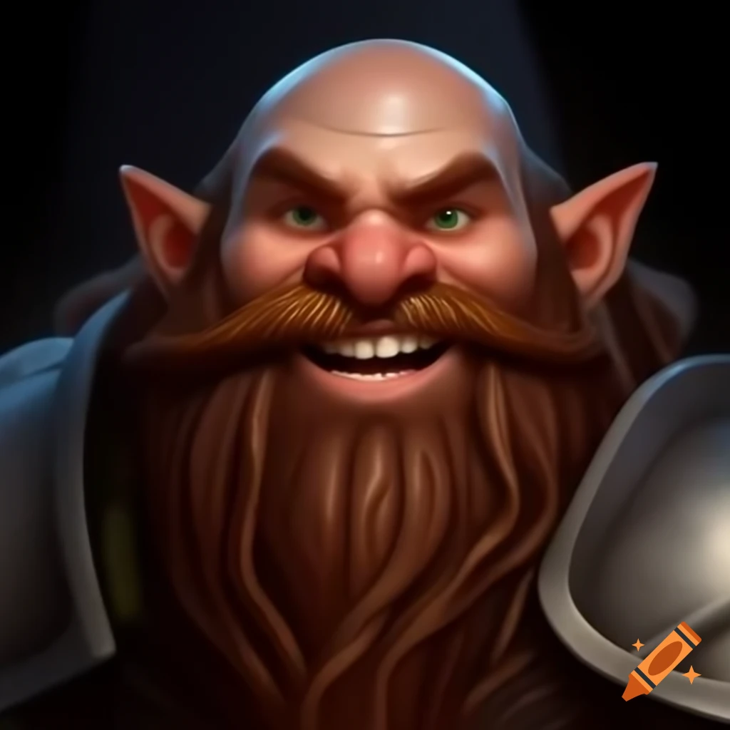 Happy dwarf paladin with bald head and bushy braided beard on Craiyon
