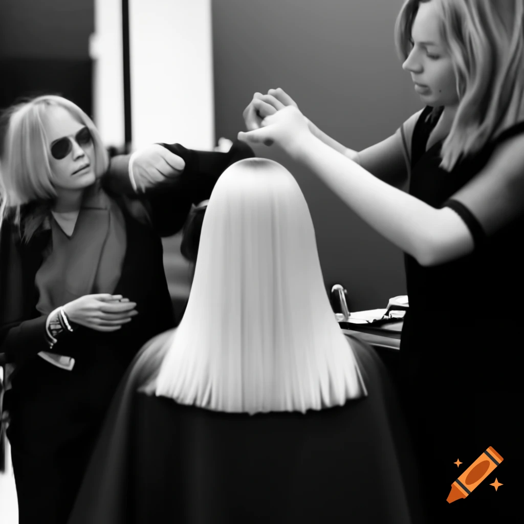 Blonde model having long hair trimmed by stylist backstage at fashion ...