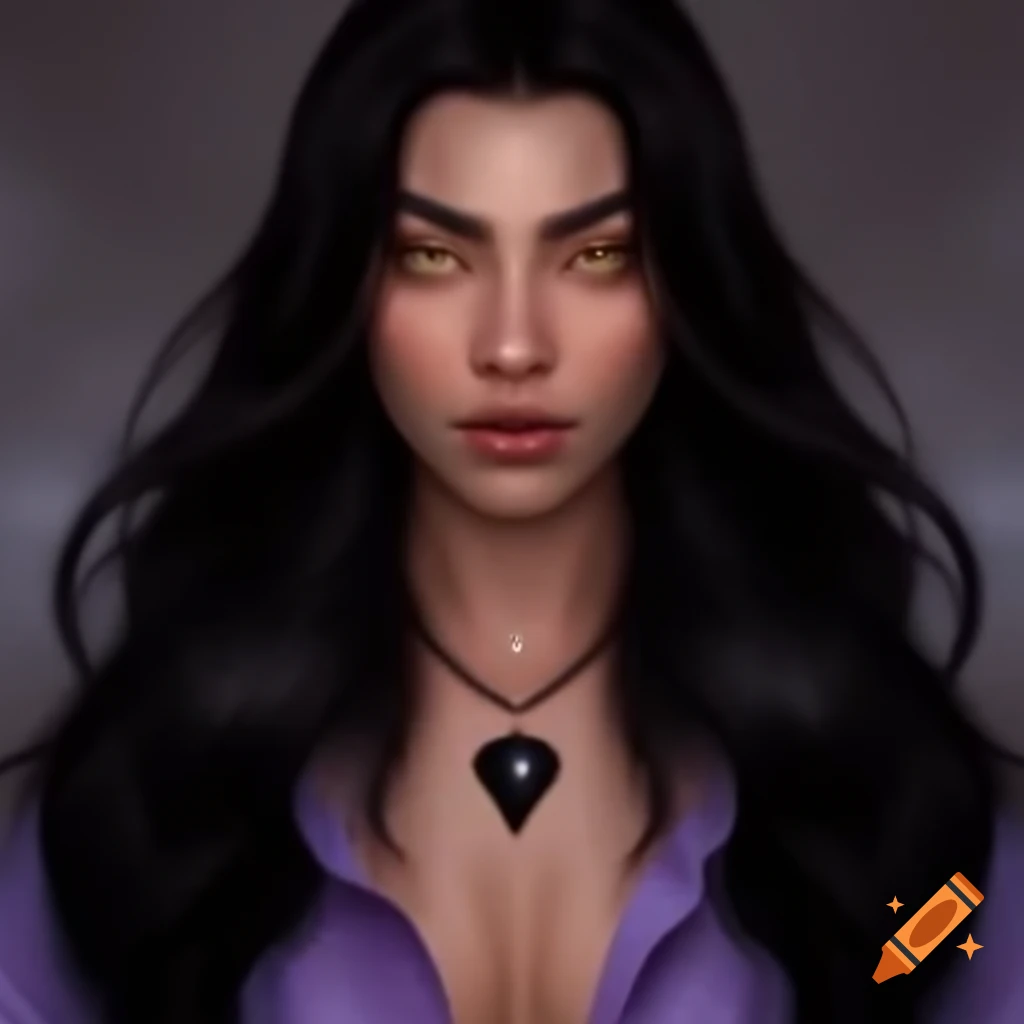 Portrait of a woman with long dark hair and sharp features on Craiyon