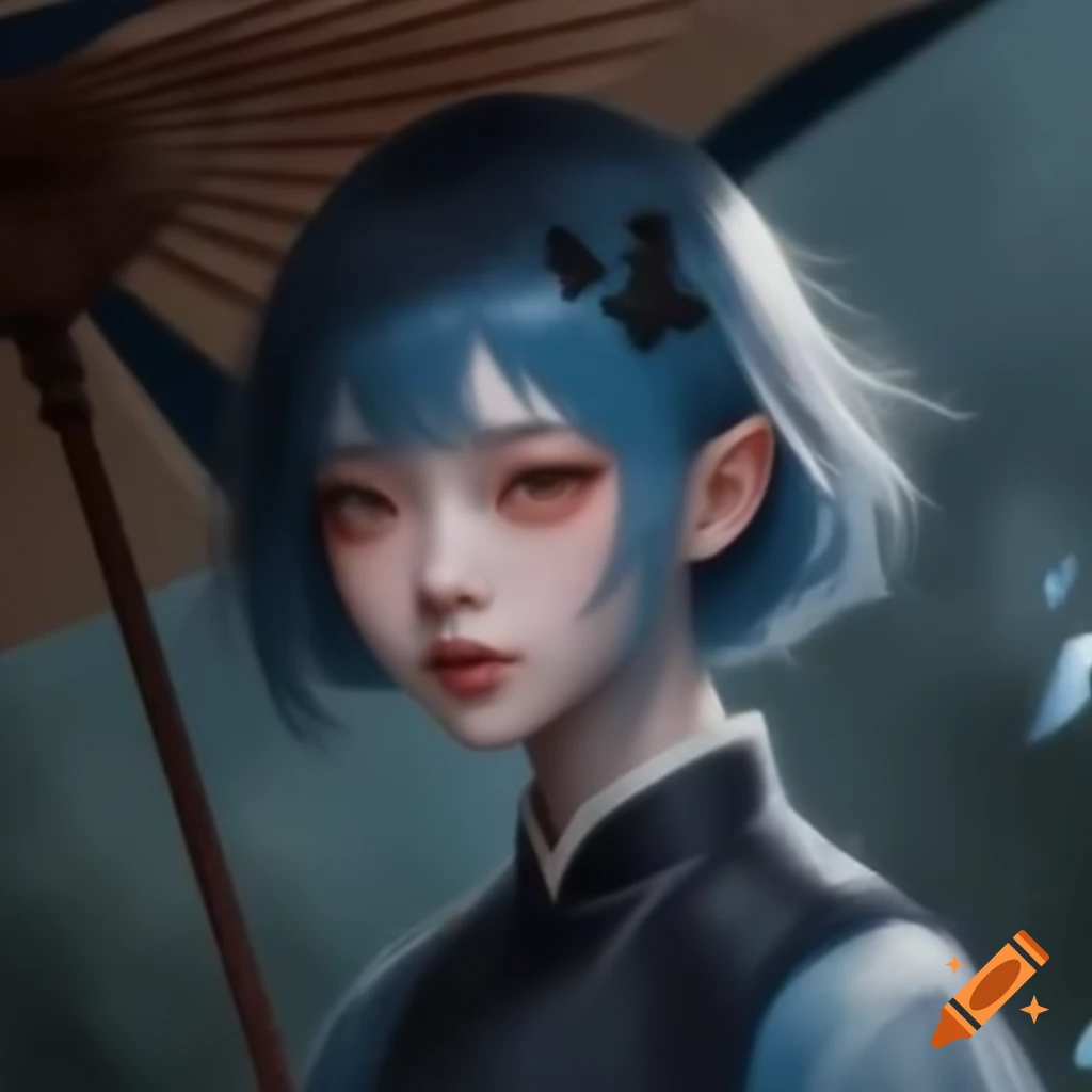 Hyper-realistic portrait of a young woman with pale skin and large ...