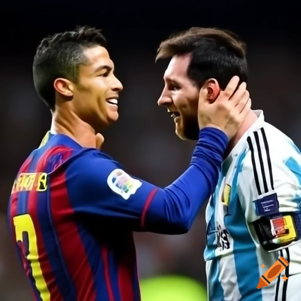 Cristiano ronaldo and lionel messi engaging in a football match on Craiyon