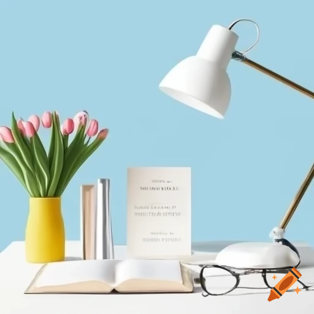 Minimalist study setup with pastel blue background, clean desk, white ...