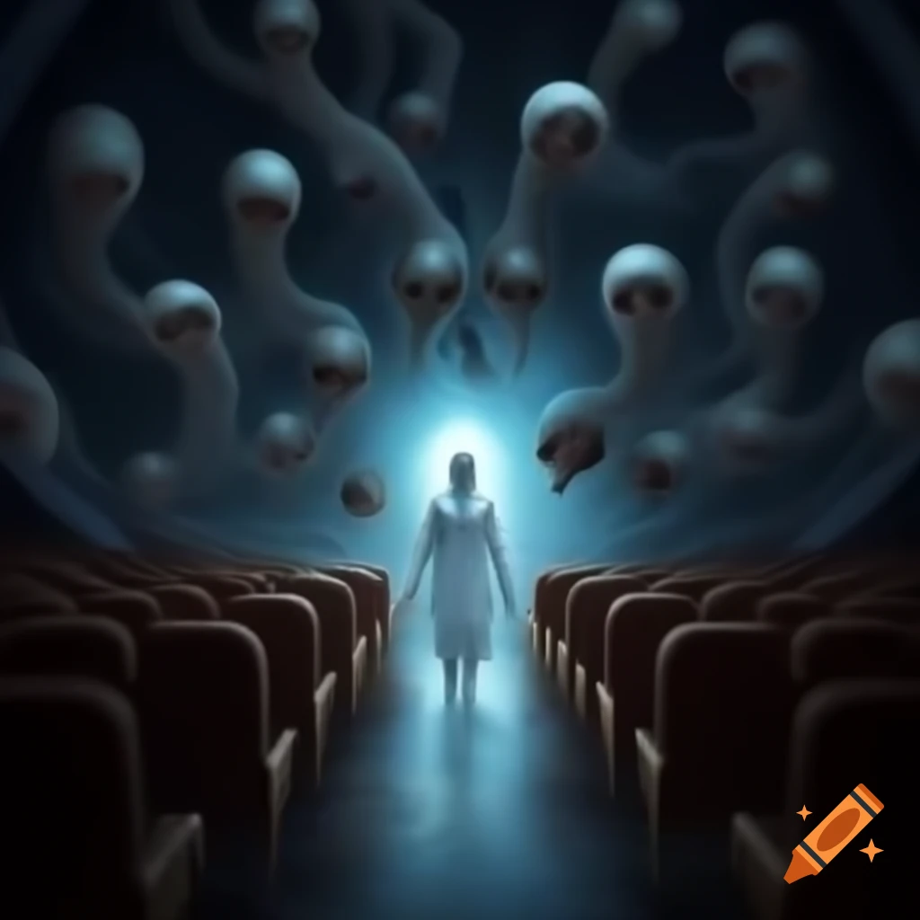 Multi-limbed entity metamorphosing in dreamlike operating theater on ...