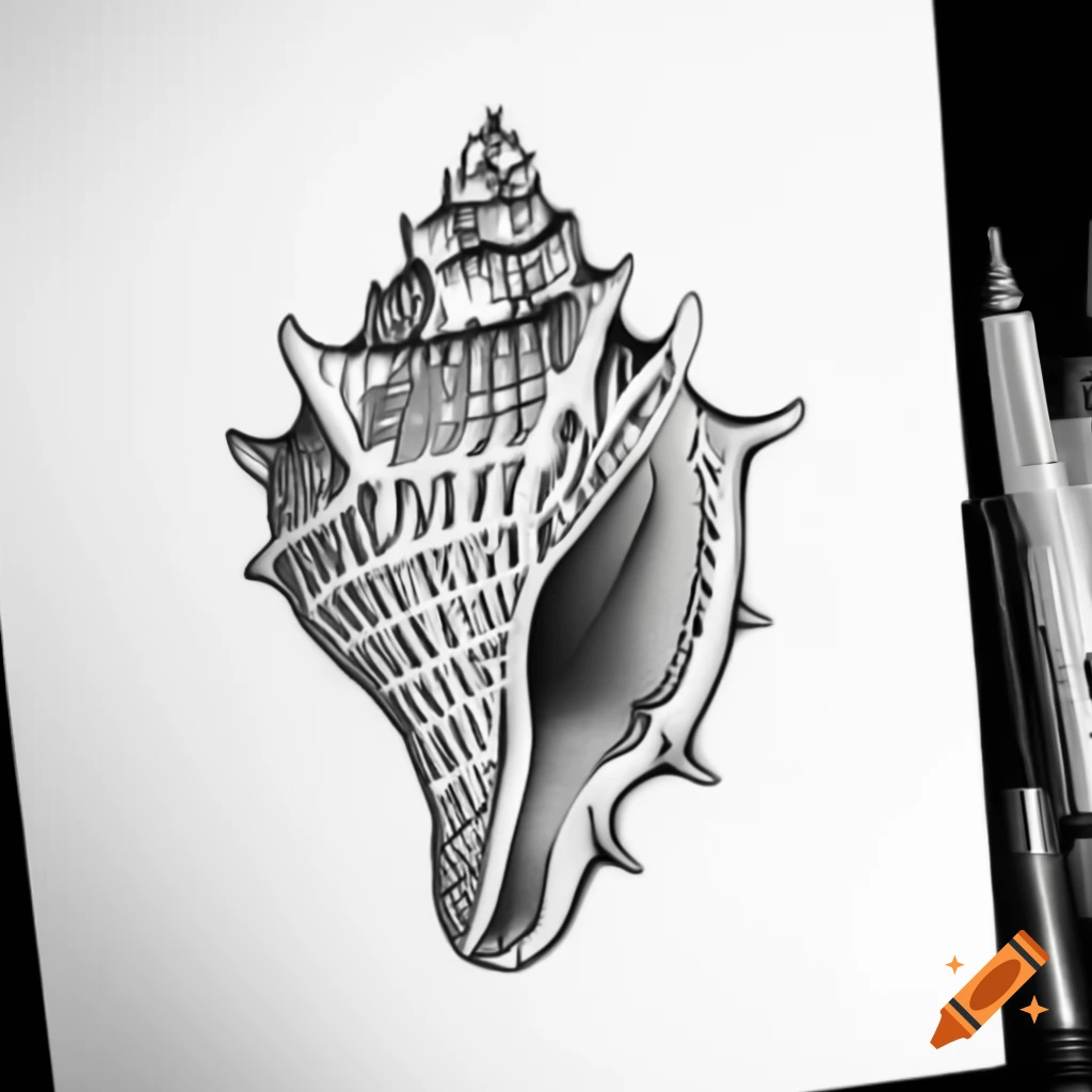 Detailed black and white tattoo design of a conch shell on Craiyon