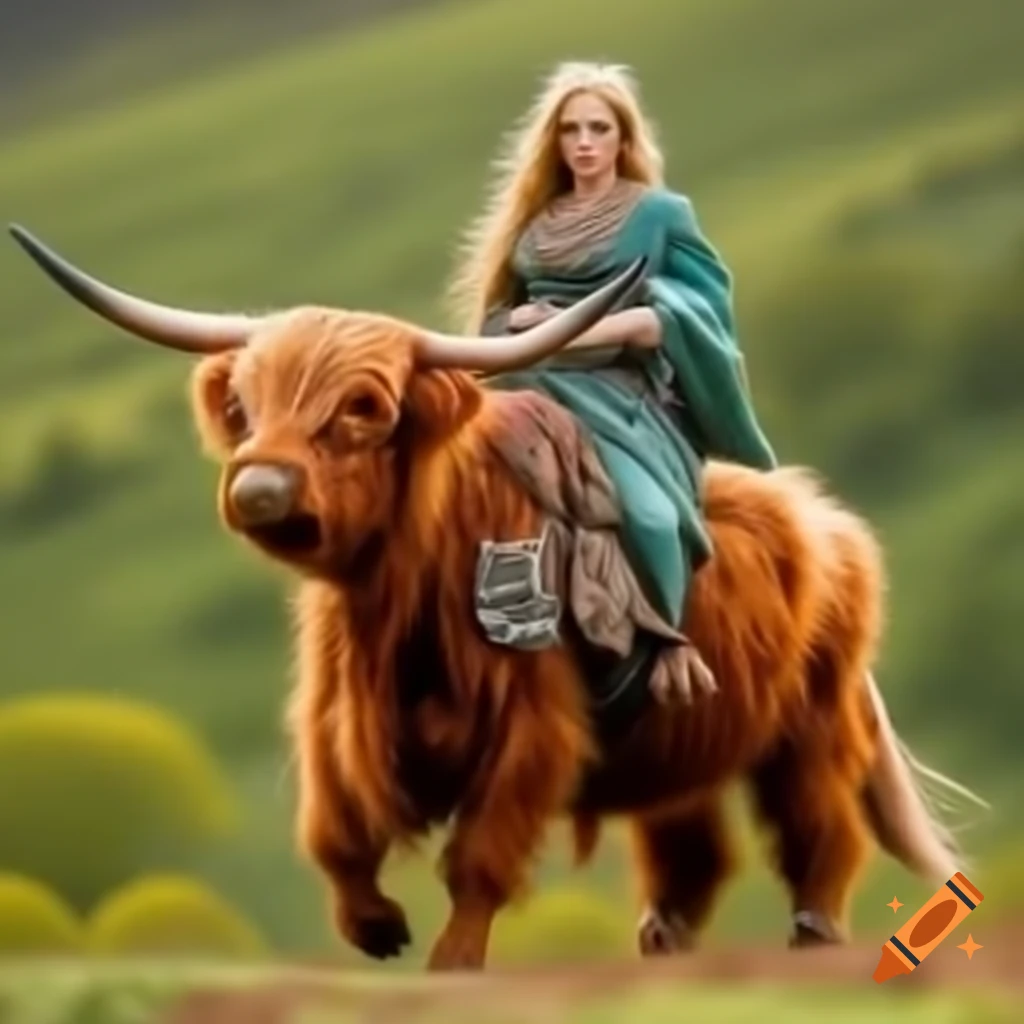 Celtic goddess riding a highland cow on Craiyon