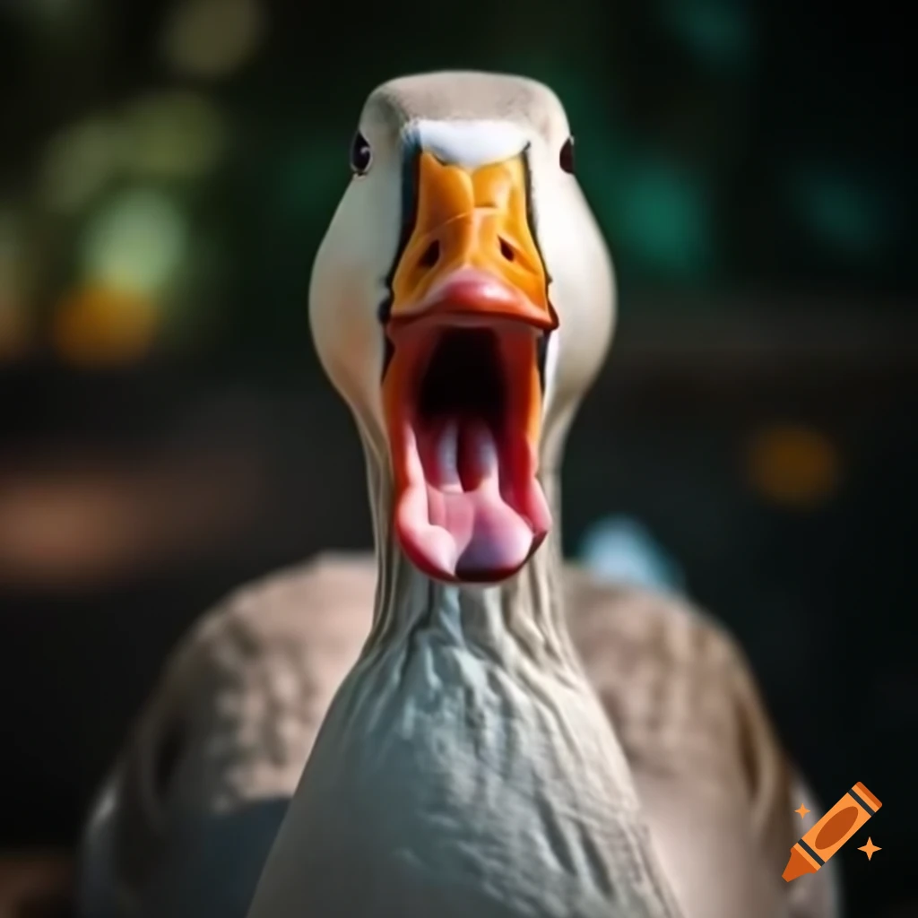 Startled goose with wide eyes showing a terrified expression on Craiyon