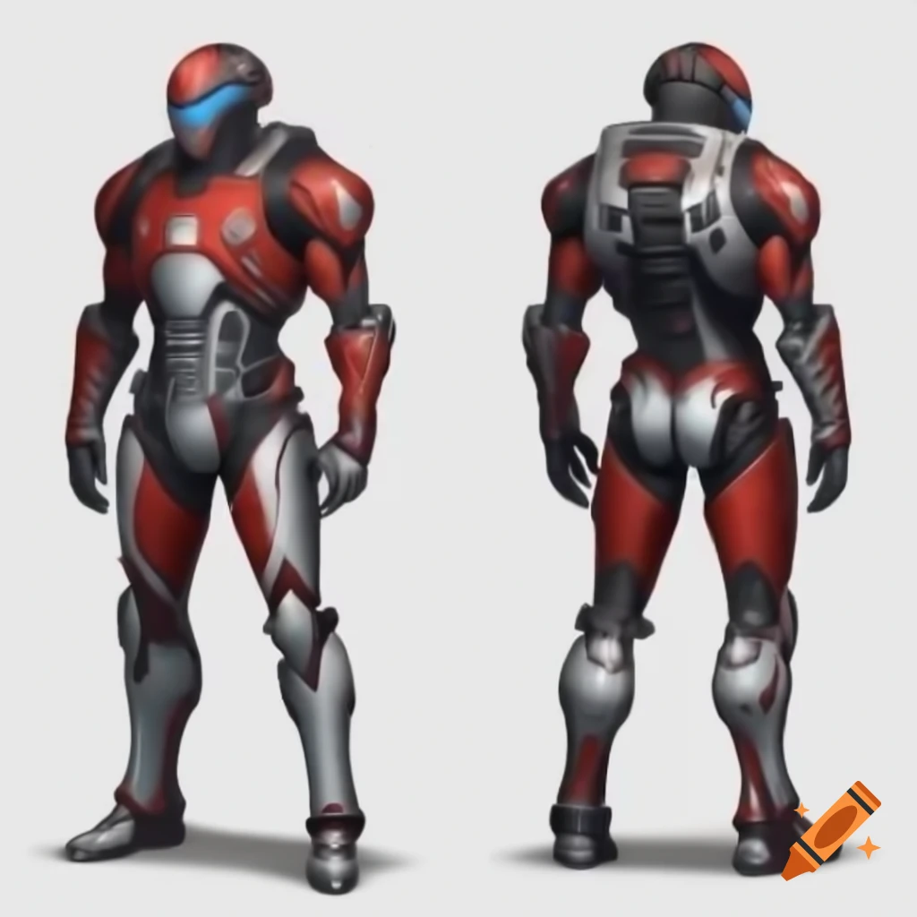 Highly detailed futuristic powered armor with industrial design in red ...