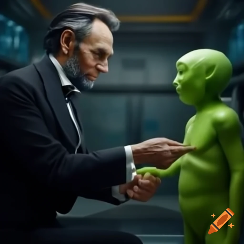 Abraham Lincoln shaking hands with a green humanoid alien on Craiyon