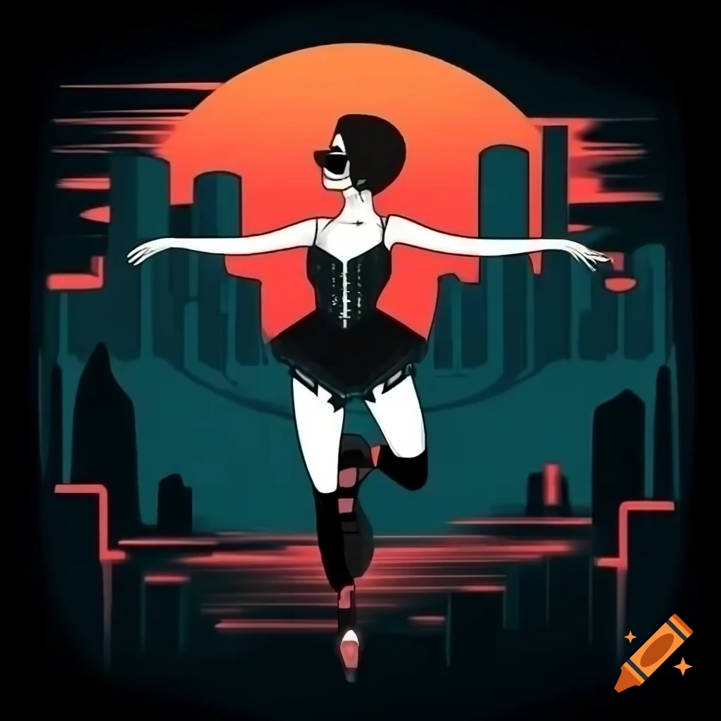 Punk-inspired ballerina leaping in futuristic cityscape at sunset on ...