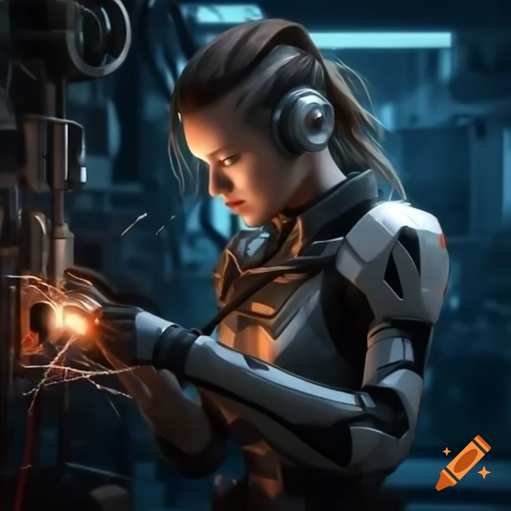 Futuristic female engineer repairing glowing machinery with sparks on Craiyon