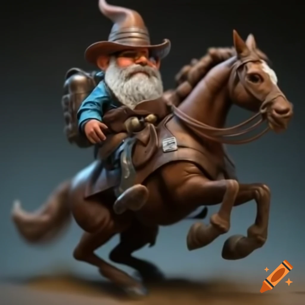 Cowboy gnome with beard riding steampunk horse on Craiyon