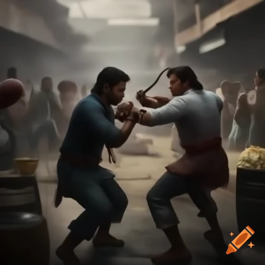 Dynamic fight scene taking place in a market on Craiyon